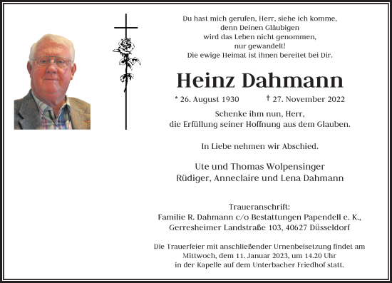 Alle Traueranzeigen für Heinz Dahmann | trauer.rp-online.de