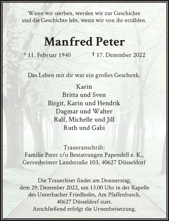 Alle Traueranzeigen für Manfred Peter | trauer.rp-online.de