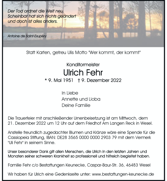 Alle Traueranzeigen für Ulrich Fehr | trauer.rp-online.de