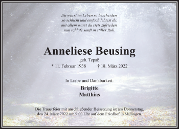 Alle Traueranzeigen für Anneliese Beusing | trauer.rp-online.de