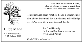 Alle Traueranzeigen für Hilde Mann | trauer.rp-online.de