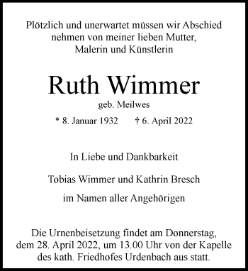 Alle Traueranzeigen für Ruth Wimmer | trauer.rp-online.de