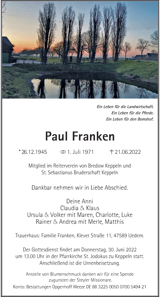 Alle Traueranzeigen für Paul Franken | trauer.rp-online.de