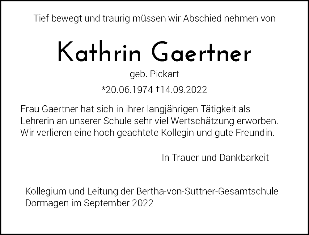 Alle Traueranzeigen für Kathrin Gaertner | trauer.rp-online.de