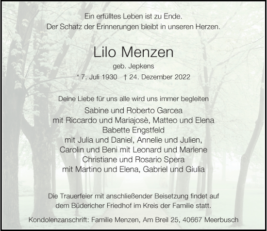 Alle Traueranzeigen für Lilo Menzen | trauer.rp-online.de