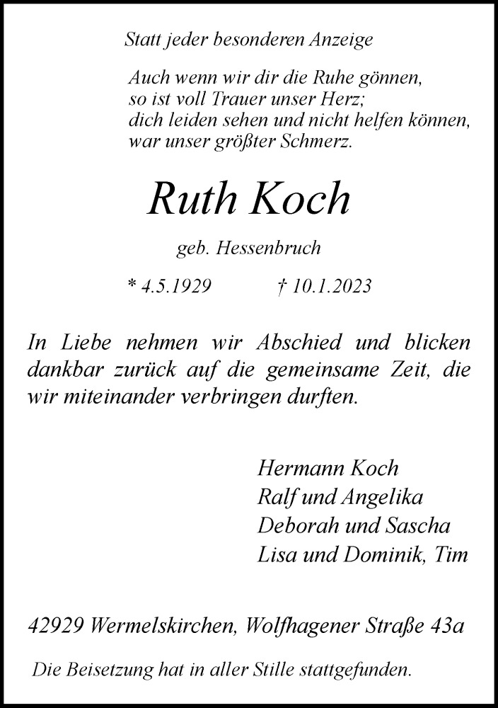 Alle Traueranzeigen für Ruth Koch | trauer.rp-online.de