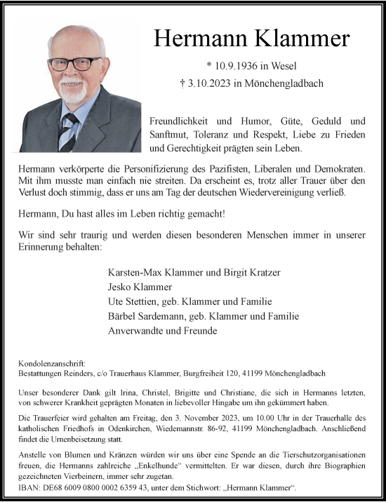 Alle Traueranzeigen für Hermann Klammer | trauer.rp-online.de