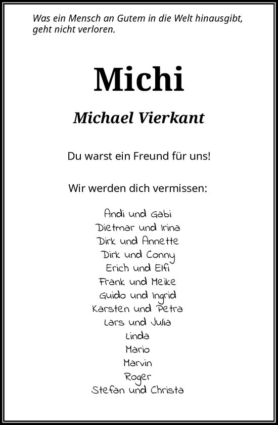 Alle Traueranzeigen für Michael Vierkant | trauer.rp-online.de