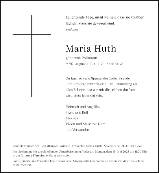 Alle Traueranzeigen für Maria Huth | trauer.rp-online.de