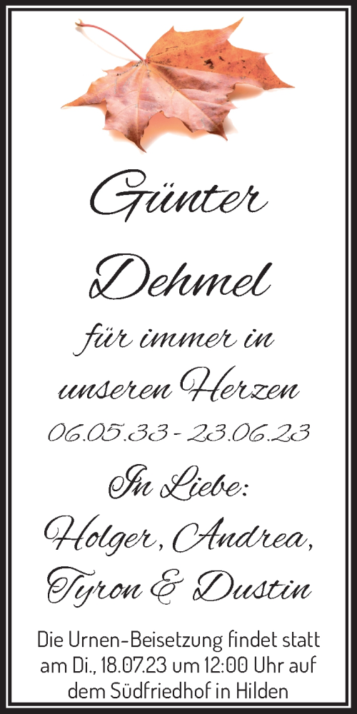 Alle Traueranzeigen für Günter Dehmel | trauer.rp-online.de