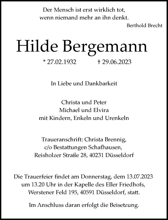 Alle Traueranzeigen für Hilde Bergemann | trauer.rp-online.de