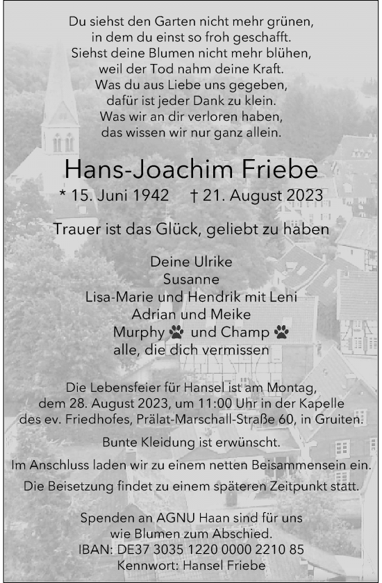 Alle Traueranzeigen für Hans-Joachim Friebe | trauer.rp-online.de