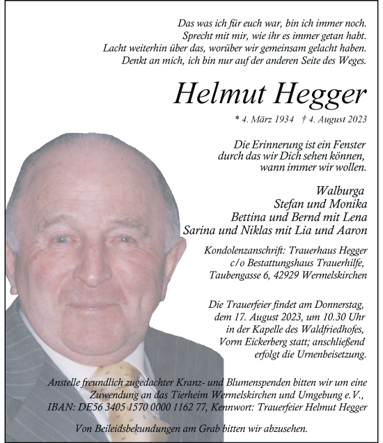 Alle Traueranzeigen für Helmut Hegger | trauer.rp-online.de