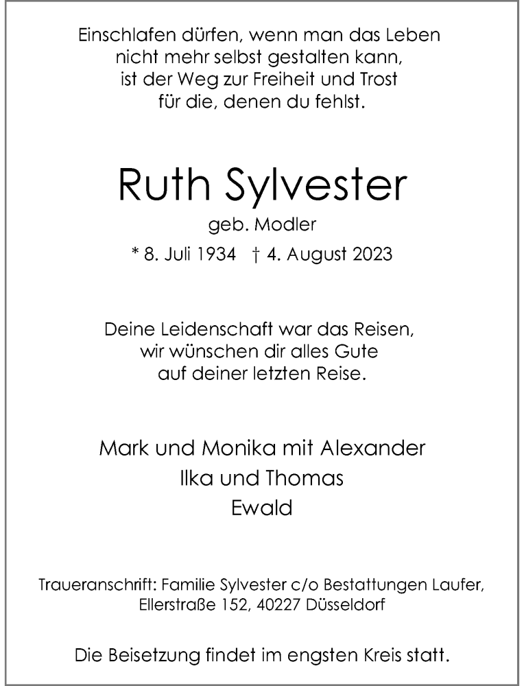 Alle Traueranzeigen für Ruth Sylvester | trauer.rp-online.de