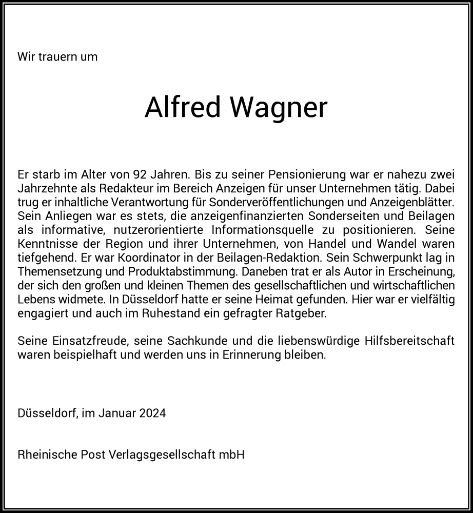 Alle Traueranzeigen für Alfred Wagner | trauer.rp-online.de