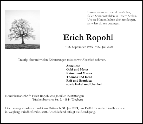 Alle Traueranzeigen für Erich Ropohl | trauer.rp-online.de
