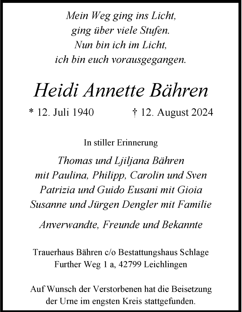 Alle Traueranzeigen für Heidi Annette Bähren | trauer.rp-online.de