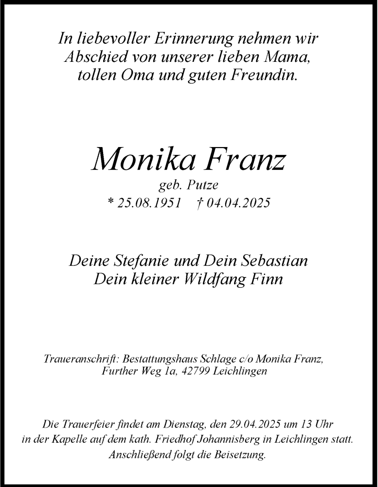 Alle Traueranzeigen für Monika Franz | trauer.rp-online.de