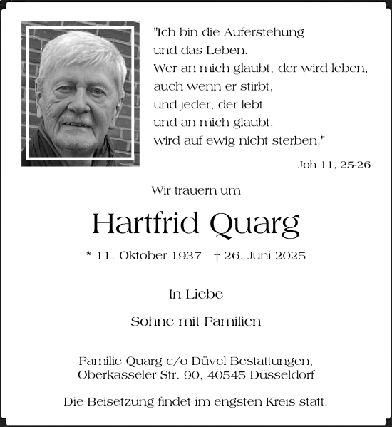 Alle Traueranzeigen für Hartfrid Quarg | trauer.rp-online.de